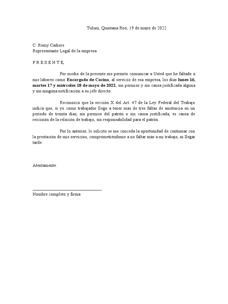Carta de Compromiso por Faltas Laborales | PDF
