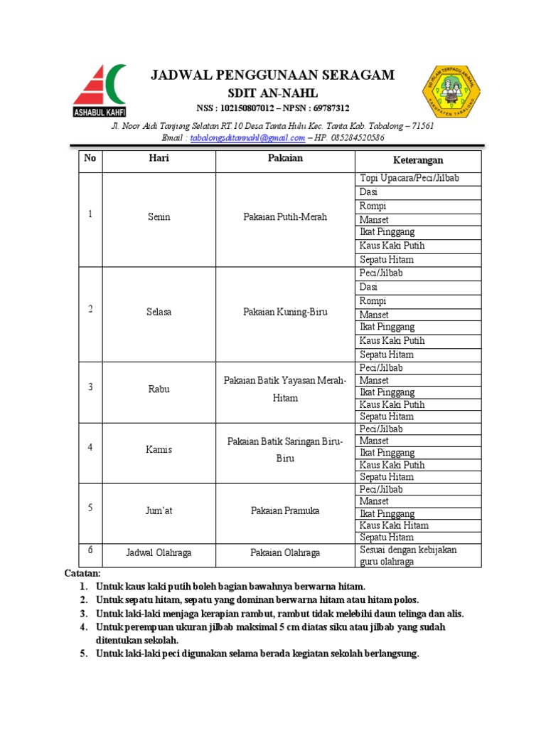 9.jadwal Penggunaan Seragam | PDF