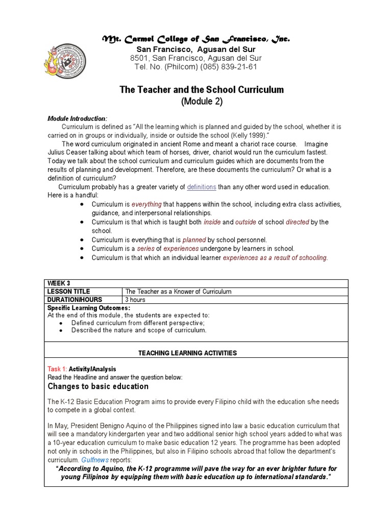 PCK 5.6 Week 3 4 Prelim Module - The Teacher and The School Curriculum ...