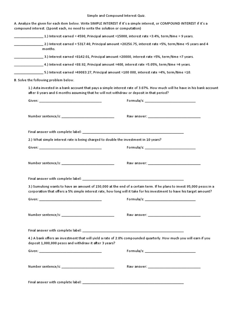 Simple and Compound Interest Quiz | Download Free PDF | Interest ...