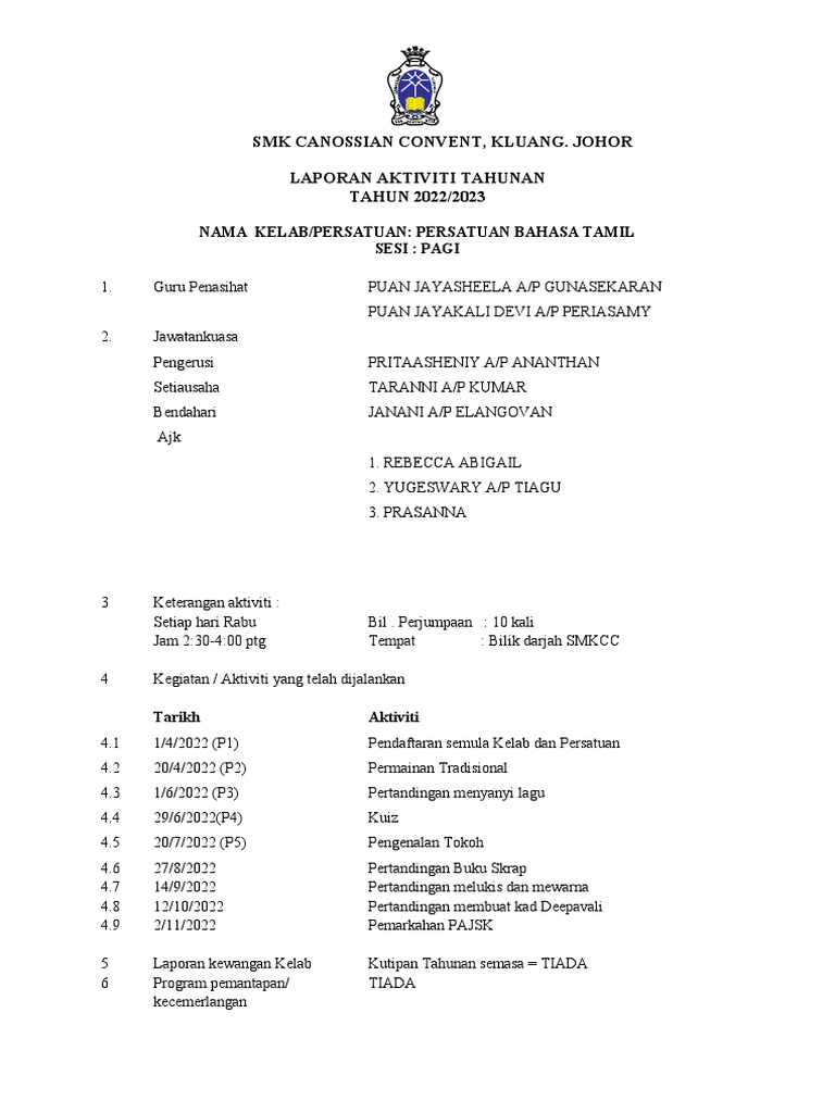 Laporan Aktiviti Tahun Persatuan Sej 2023 | PDF