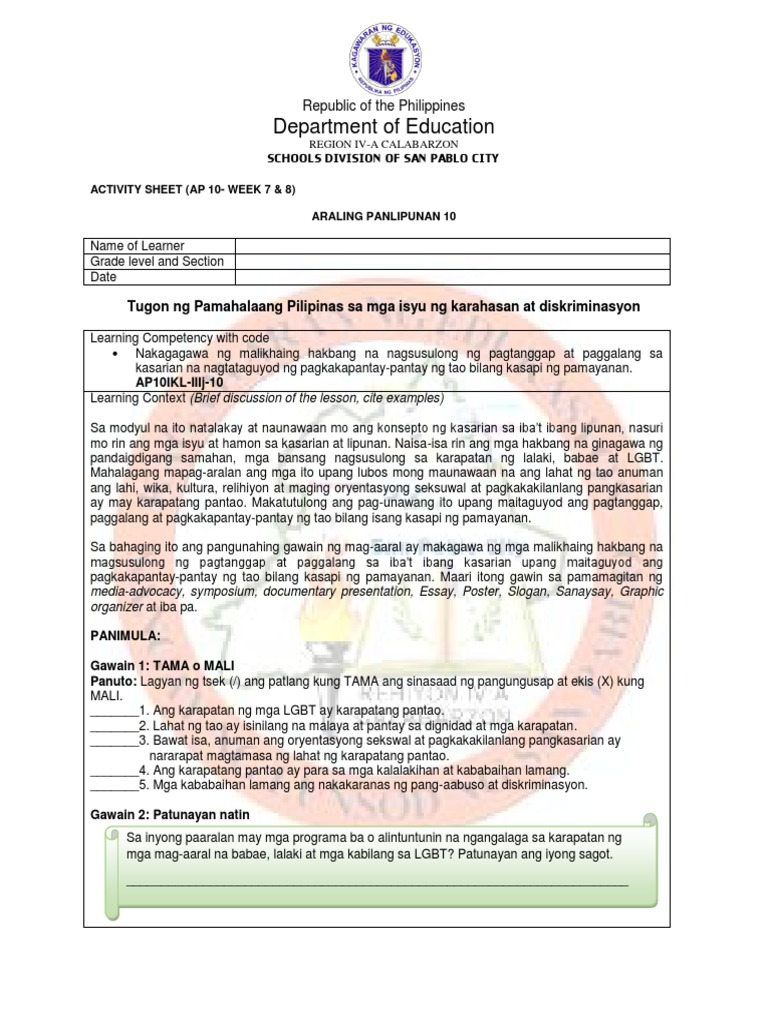 AP g10 - Las Week 7 and 8 - Sdo-San-Pablo-City Mylene A. Salubayba | PDF