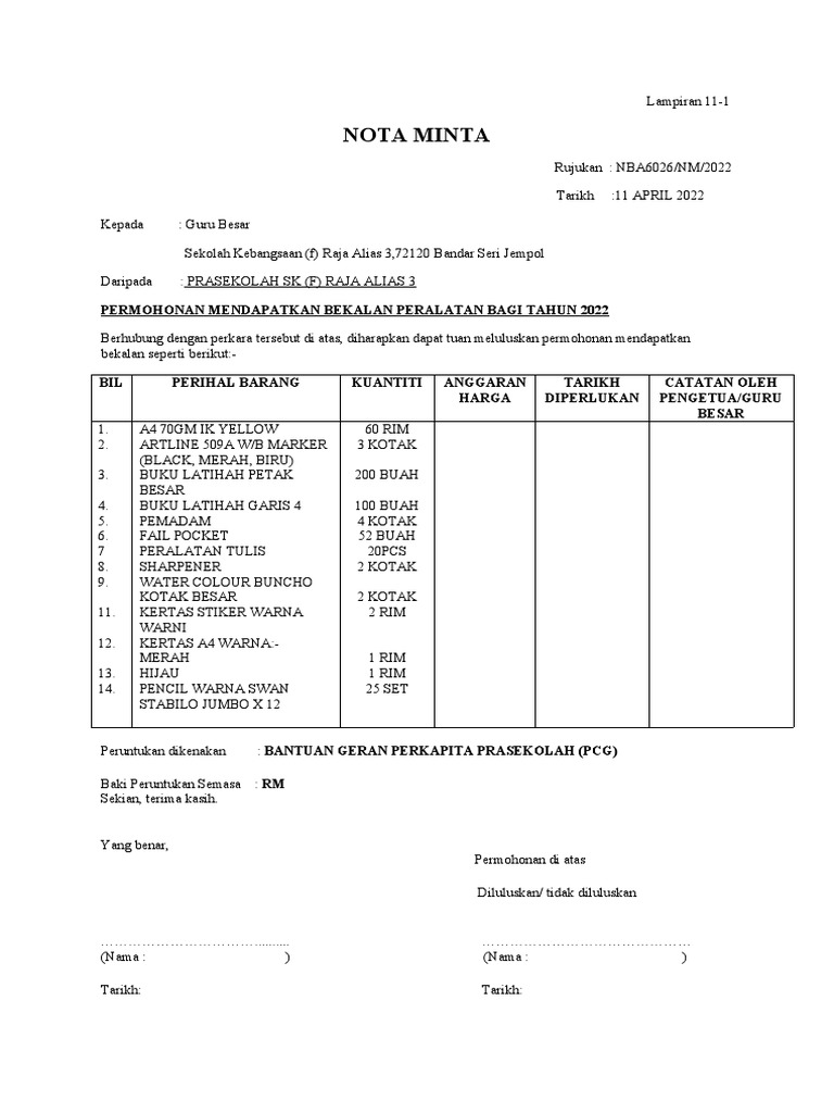 Nota Minta PCG 2021 | PDF
