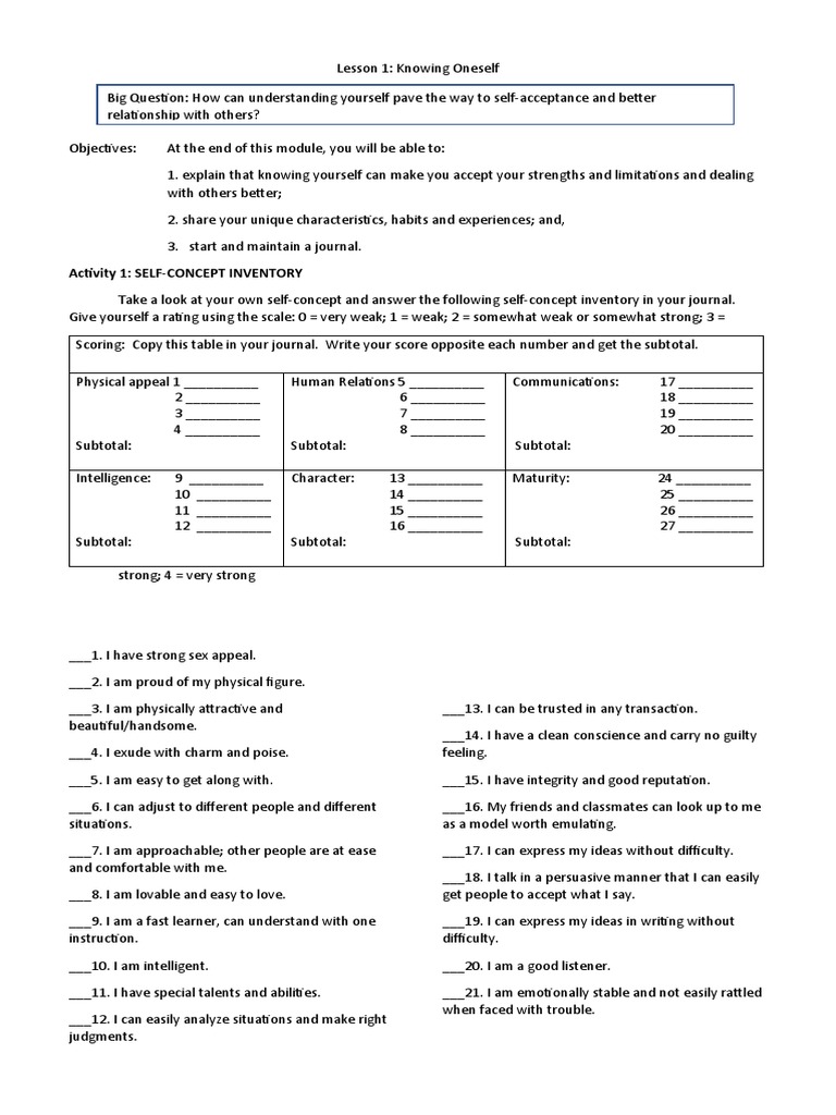 Lesson 1 Self Concept Pdf Self Esteem Self Concept
