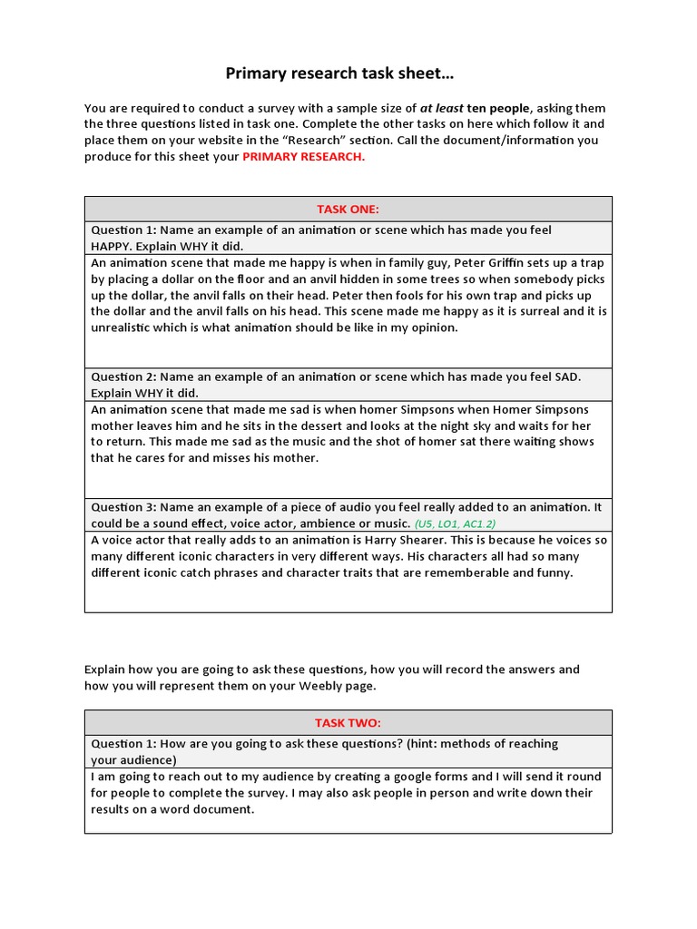 Animation Primary Research Sheet | PDF | Question