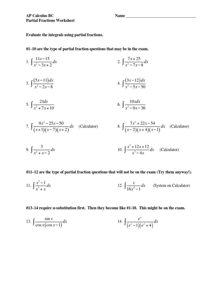 Partial Fractions Worksheet | PDF