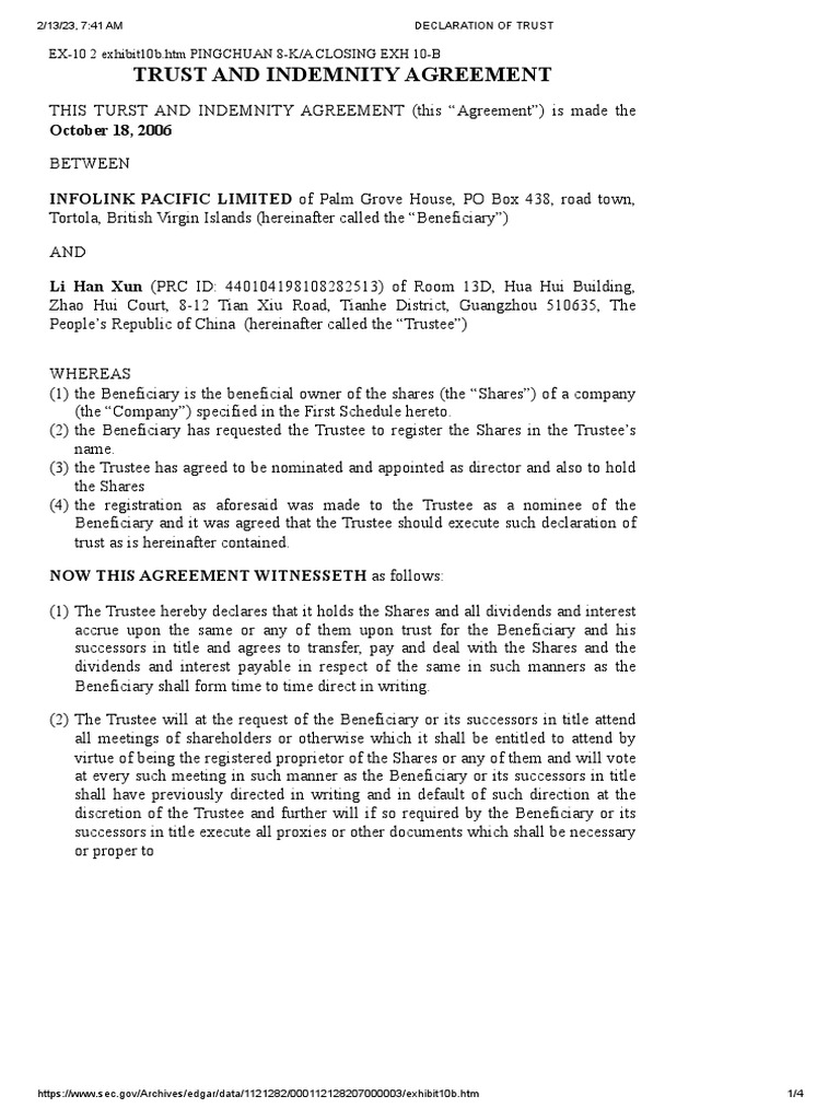 Declaration Of Trust Sample Pdf Trust Law Trustee 9430
