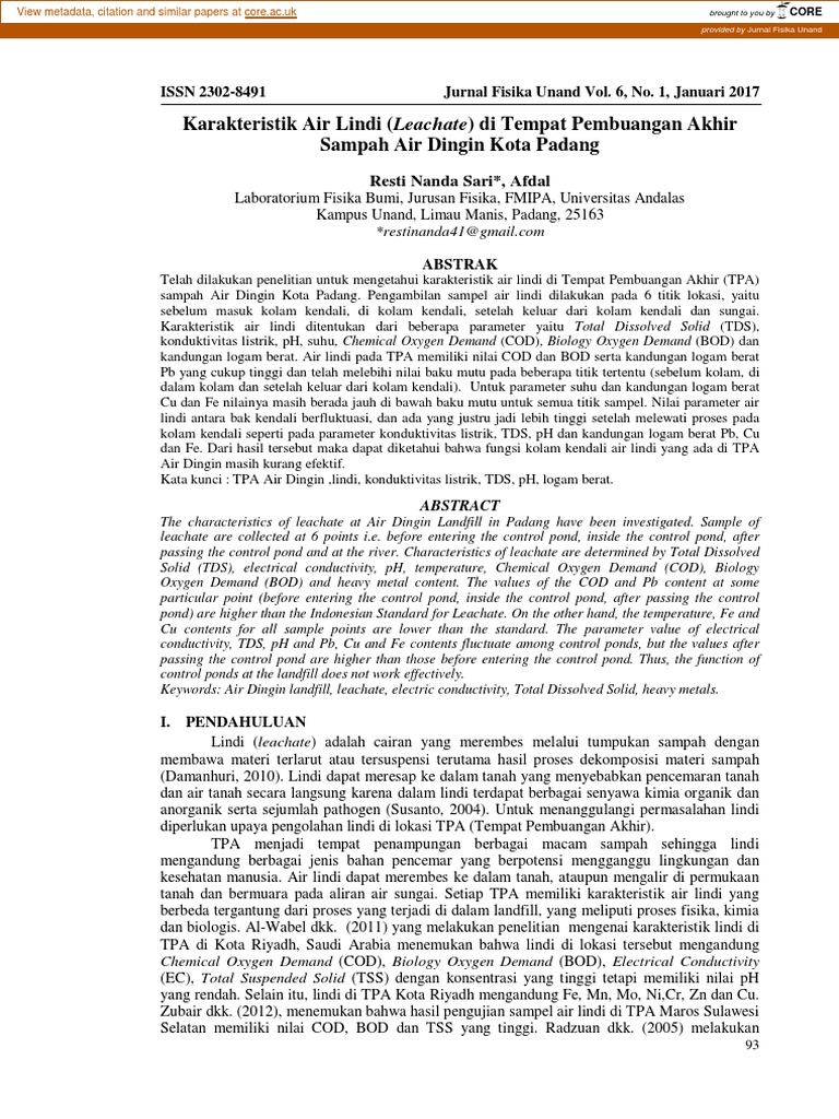 Karakteristik Air Lindi (Leachate) Di Tempat Pembuangan Akhir Sampah ...