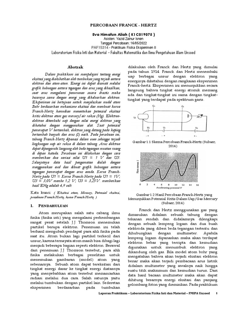 Fisika Eksperimen2 PERCOBAAN FRANCK - HERTZ K1C019075 Eva Himatun Aliah | PDF