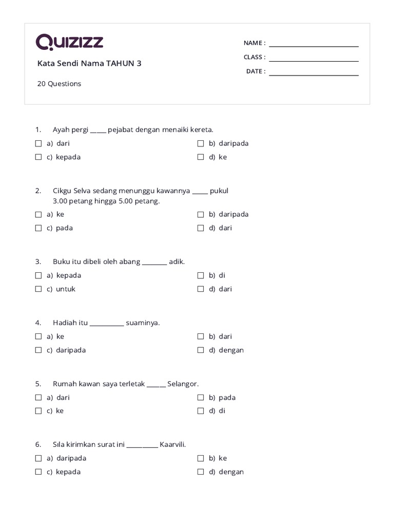 Kata Sendi Nama TAHUN 3 - Print - Quizizz | PDF
