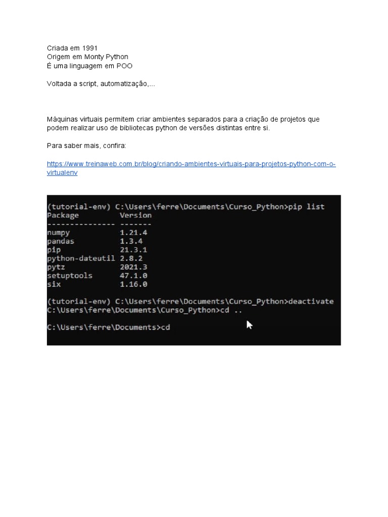 Curo Pyton DIO - Criando Seu Ambiente de Desenvolvimento em Python | PDF