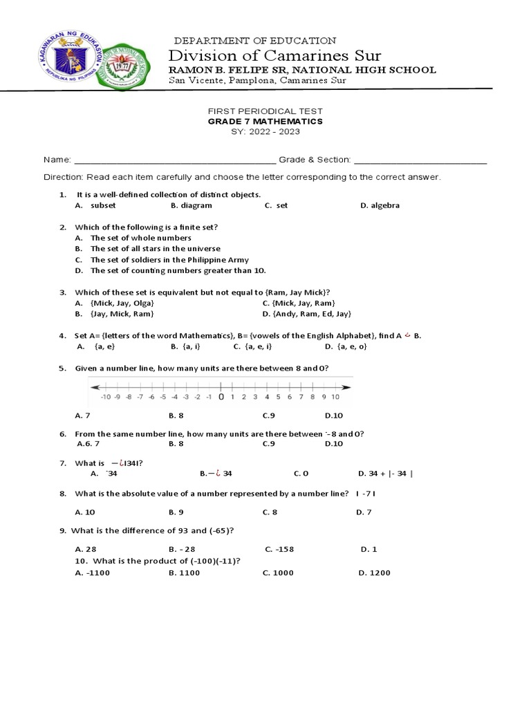 Math 7 1st Quarter Test | Download Free PDF | Integer | Rational Number