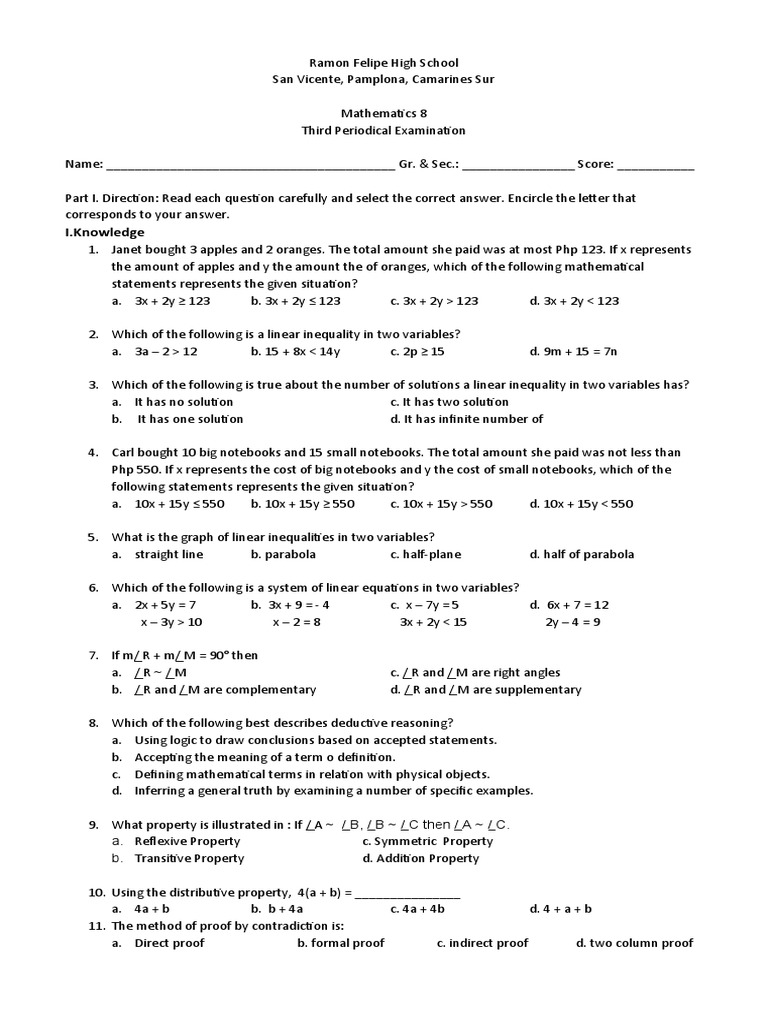 Math 8 3rd Grading Exam (Repaired) | PDF | Mathematical Proof ...