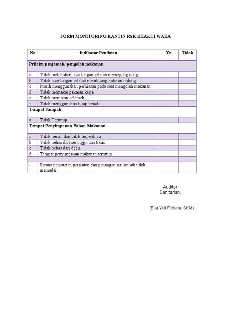 Form Monitoring Kantin RSK Bhakti Wara | PDF