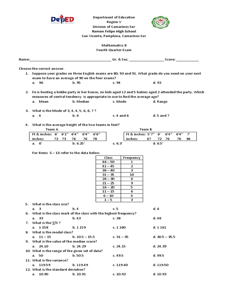 Math 8 4th Grading Exam | PDF | Variance | Mathematics
