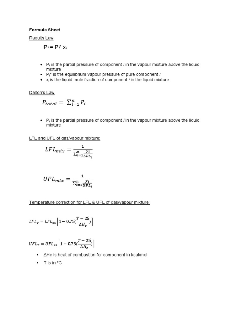 Process Safety Formula Sheet | PDF | Mole (Unit) | Evaporation