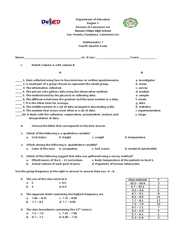 Math 7 4th Quarter Exam | PDF | Survey Methodology | Science