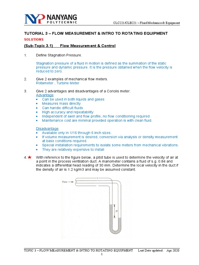 Tutorial 3 - Flow Measurement - Intro To Rotating Equipm - Solutions ...