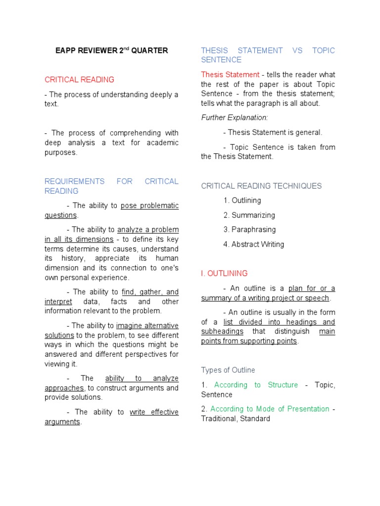 EAPP REVIEWER 2nd QUARTER | PDF | Thesis | Concept