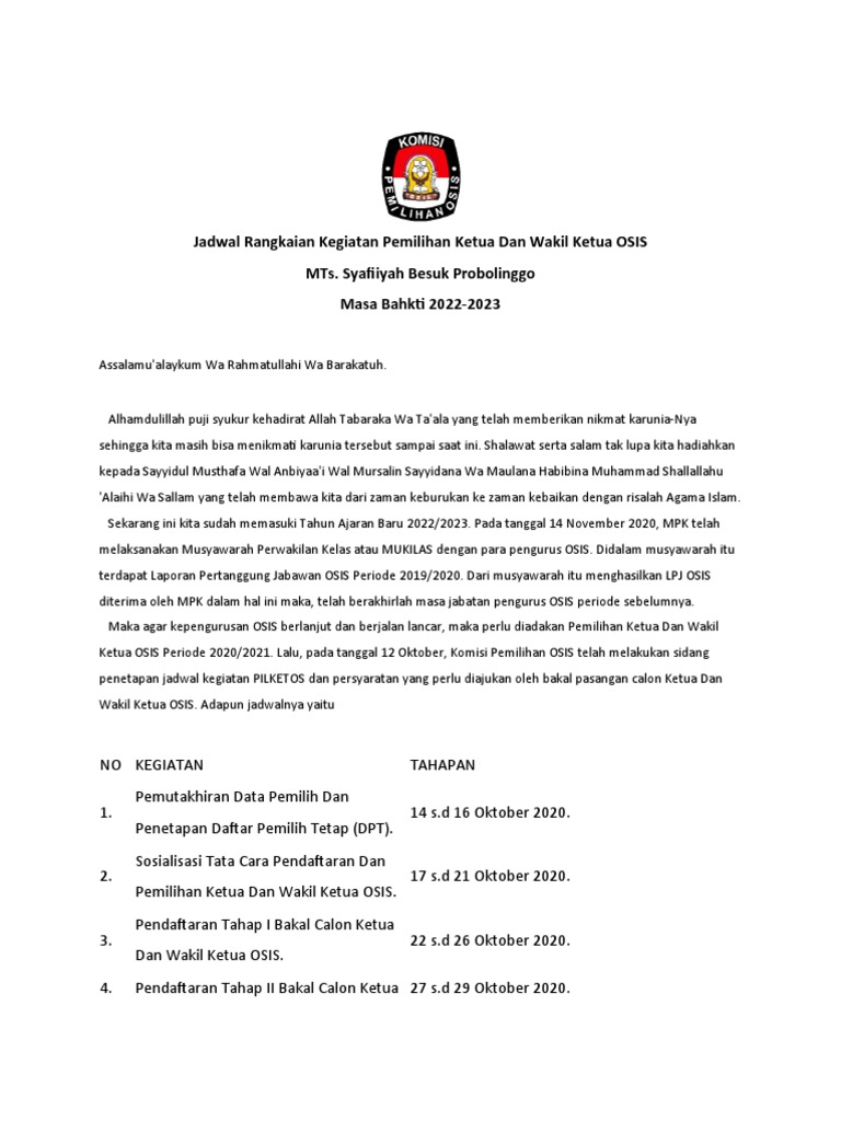 Jadwal Pemilihan Ketua OSIS 2022-2023 | PDF | Karier & Perkembangan