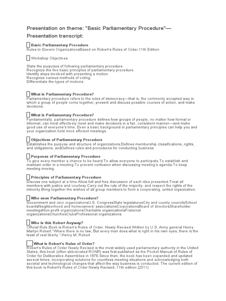 Basic Parliamentary Procedure Overview | PDF | Parliamentary Procedure ...