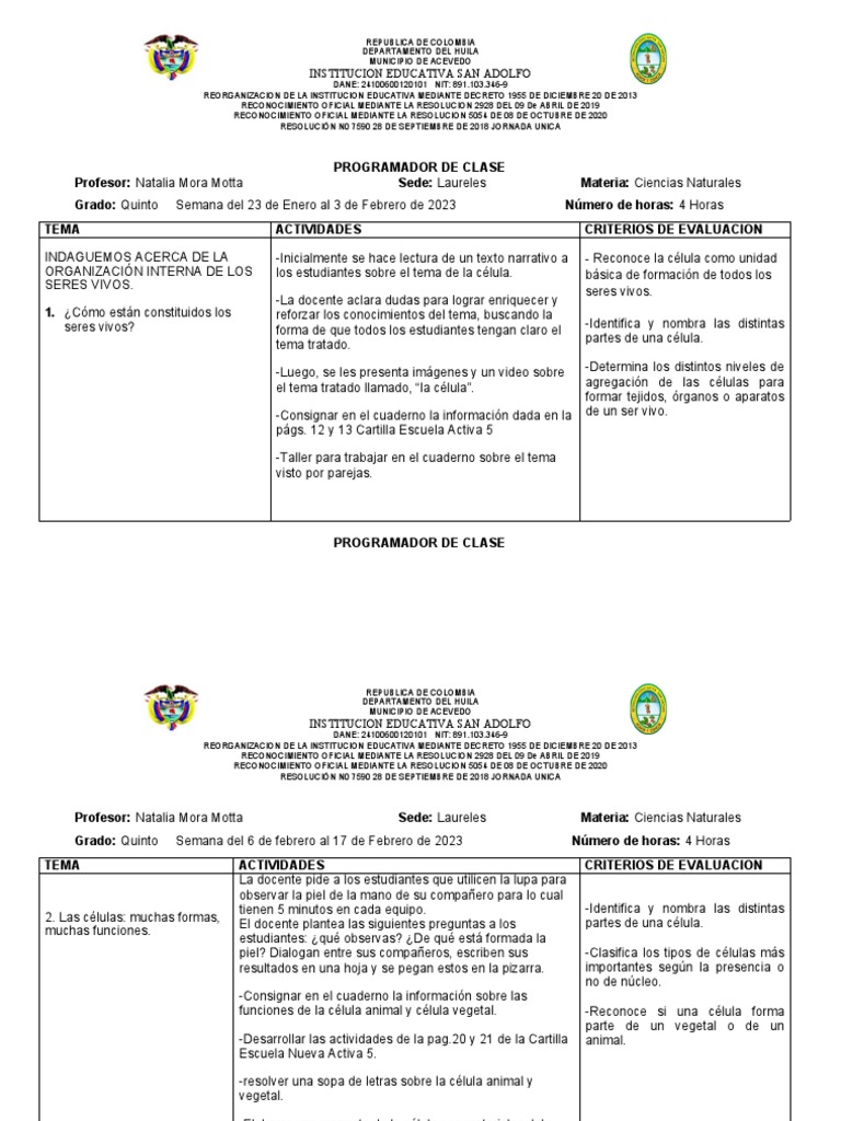Programador de Clase Ciencias Naturales Grado Quinto | PDF