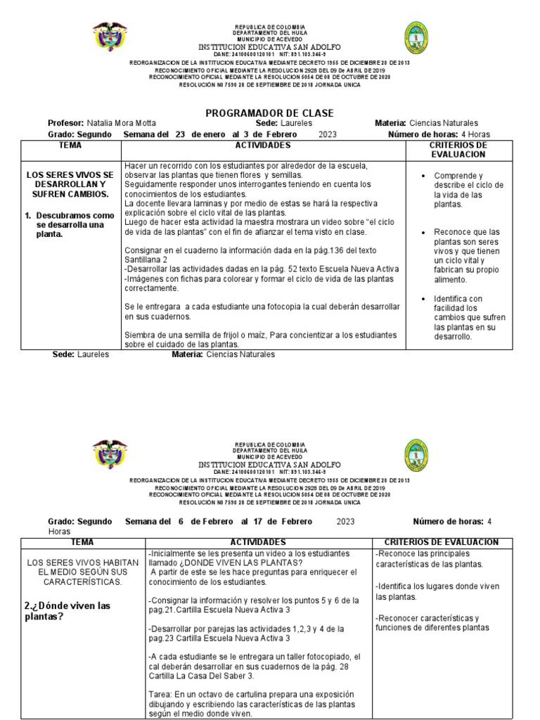 Programador de Clase Ciencias Naturales Grado Segundo | PDF