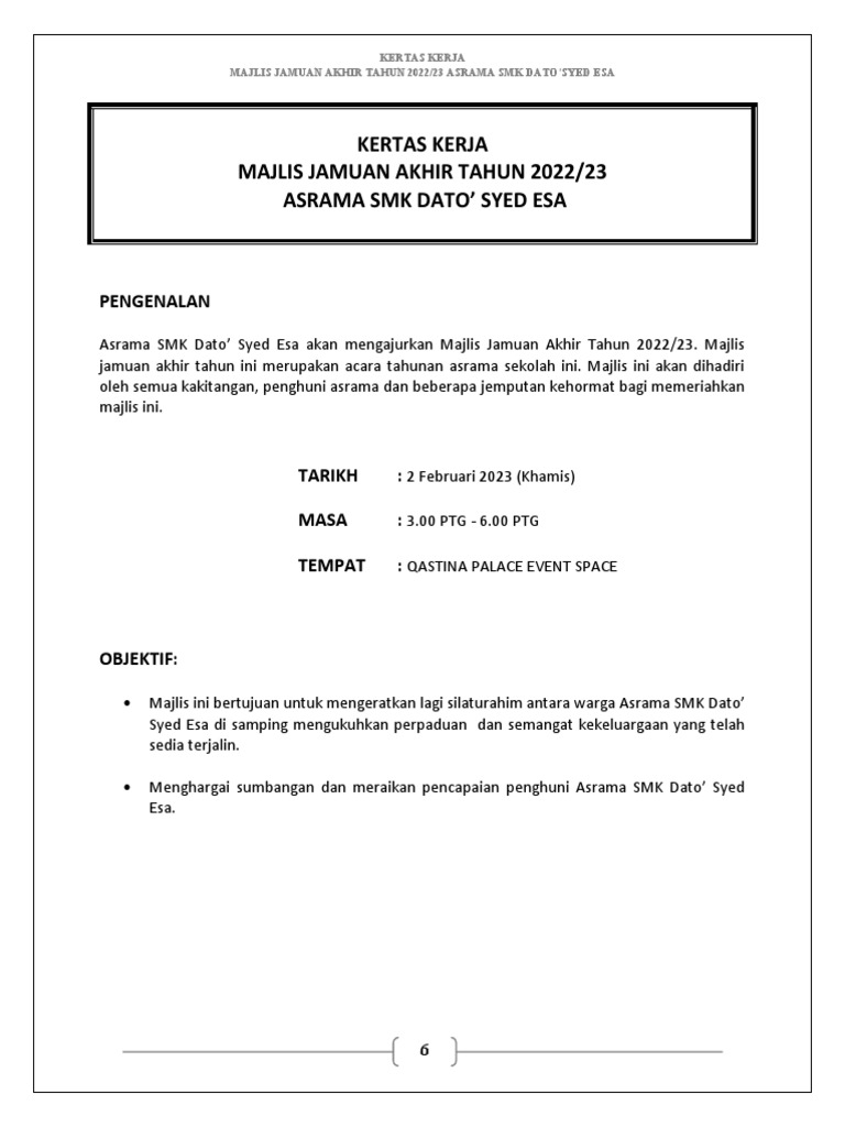 Dokumen - Tips - Kertas Kerja Jamuan Asrama 56071c007efbf | PDF
