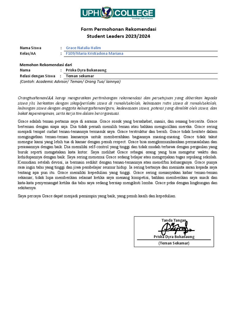 Form Permohonan Rekomendasi Student Leaders 2023-2024 (Priska) | PDF