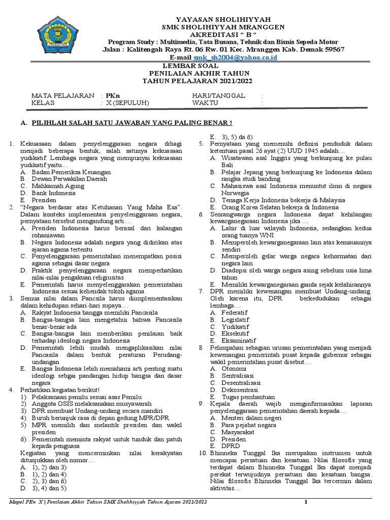 Soal PAT PKN Kelas X | PDF
