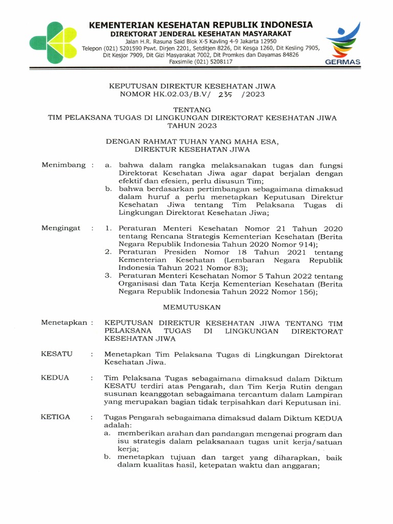 SK Tim Pelaksana Tugas - Tim Kerja Dan PMO Dit Keswa | PDF