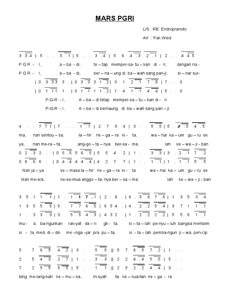 Lirik dan Notasi Mars PGRI | PDF | Kajian Bahasa Asing