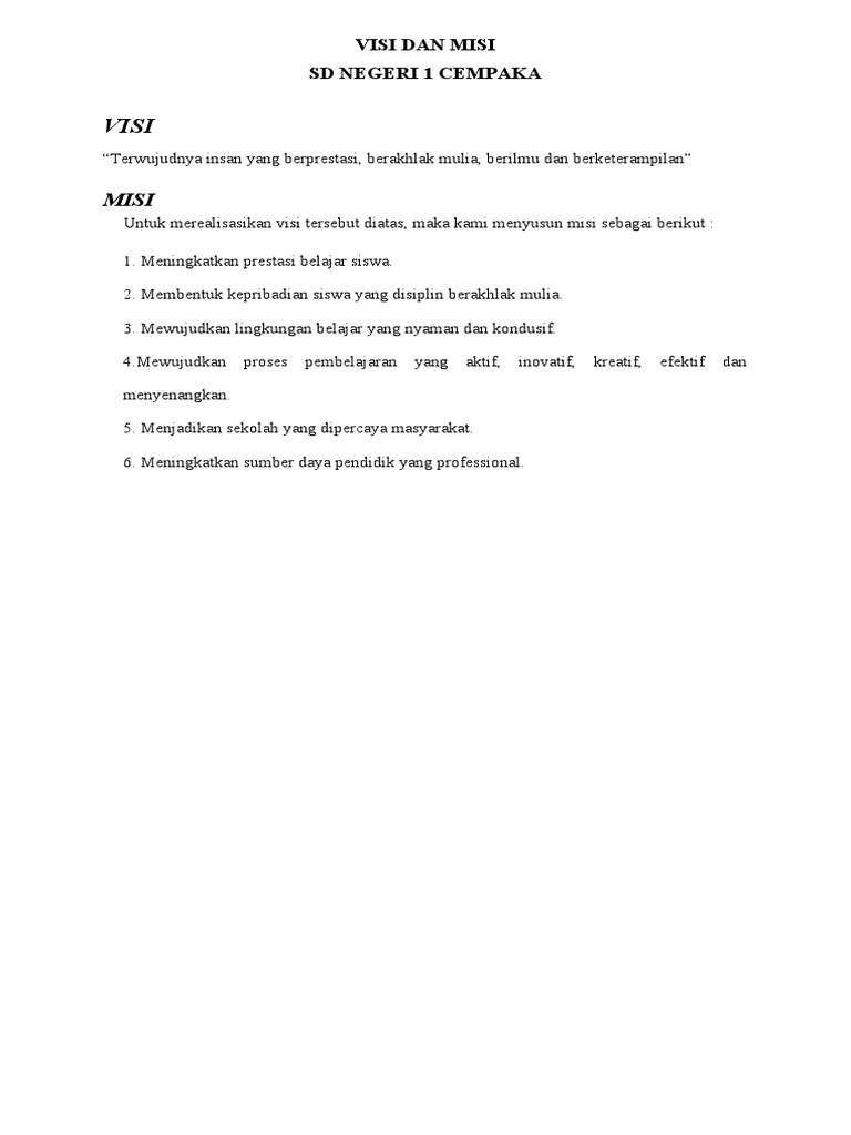 Visi Misi SDN 1 Cempaka | PDF | Bisnis