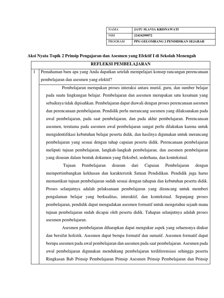 Aksi Nyata Topik 2 Prinsip Pengajaran Dan Asesmen Yang Efektif I Di Sekolah Menengah | PDF
