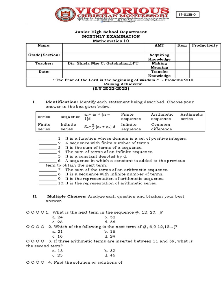 Math 10 2nd Exam | PDF | Sequence | Quadratic Equation