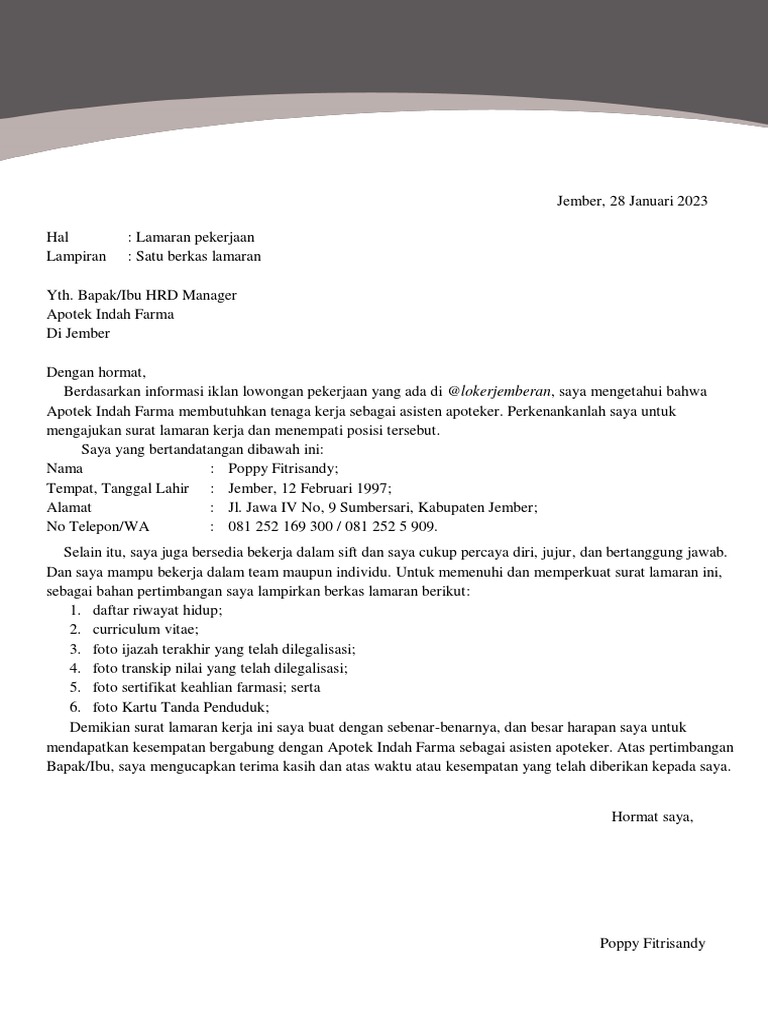 CV Dan Surat Lamaran Poppy Fitrisandy Apotek Indah Farma | PDF