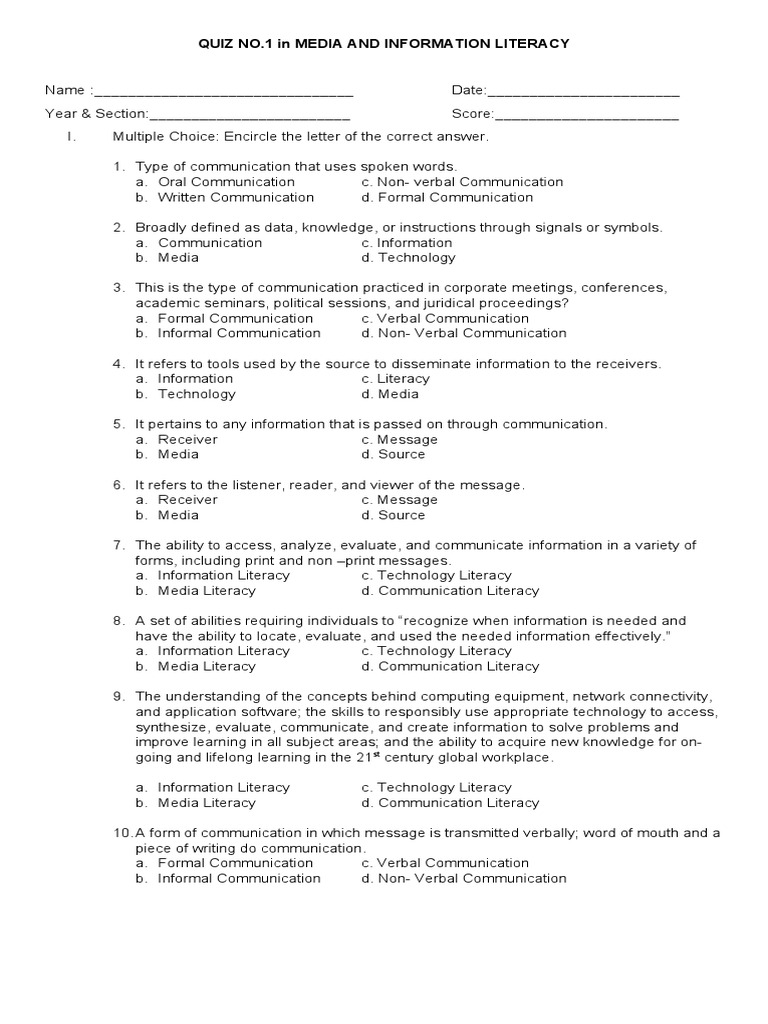 Media and Information Literacy Quiz | PDF | Communication | Information