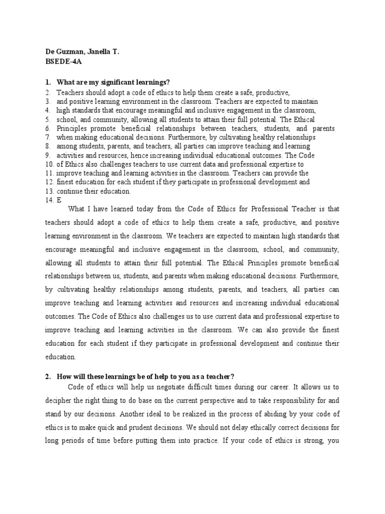 Code of Ethics for Teachers' Success | PDF | Teachers | Classroom