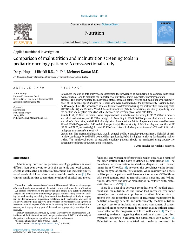 Comparison of Malnutrition and Malnutrition Screening Tools in Pediatric Oncology Patients A ...