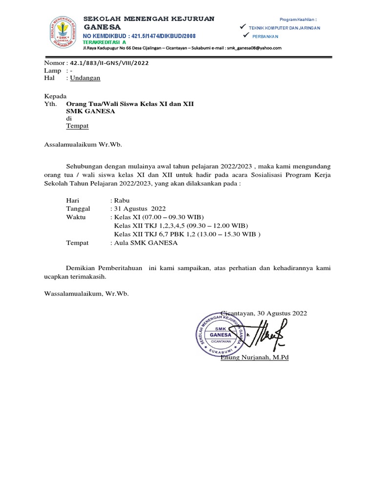 SURAT Sosialisasi Program Sekolah | PDF