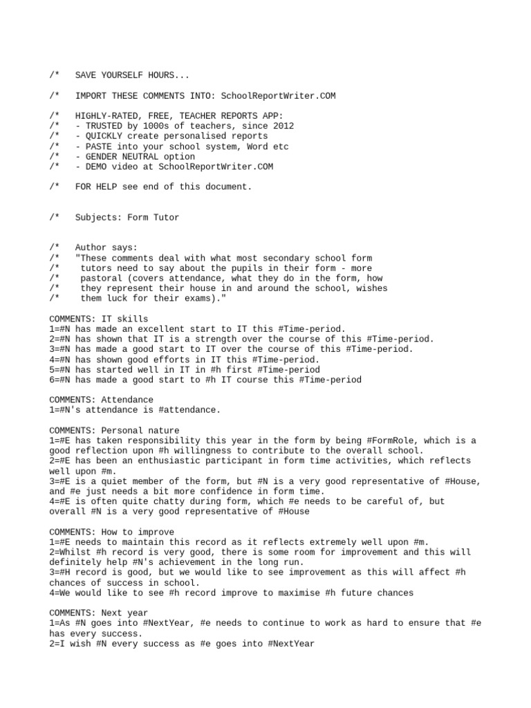 Teacher Report Comments Guide | PDF | Text File | Computing