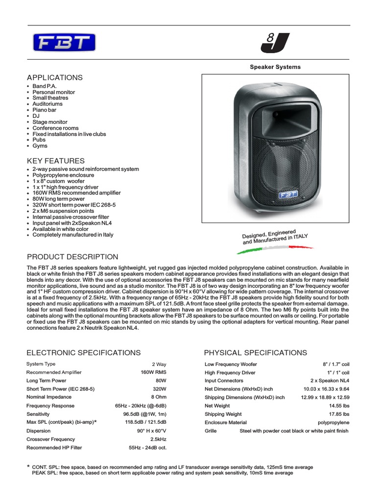 FBT J8 Data Sheet | PDF | Loudspeaker | Microphone