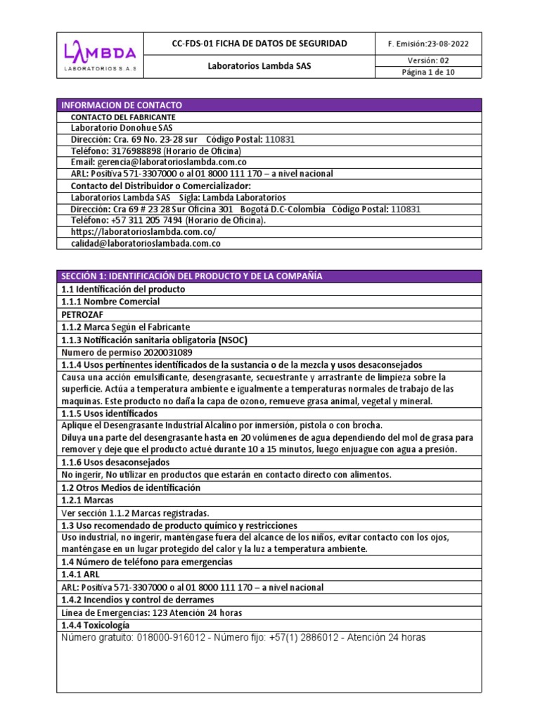 Hoja de Seguridad Lambda | PDF | Agua | Laboratorios