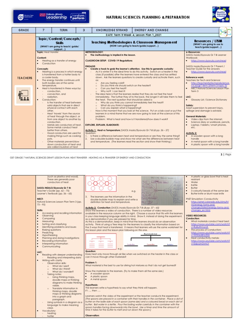 Lesson Plan 1&2 Grade 7 Natural Sciences T3 W4 | PDF | Heat | Thermal ...