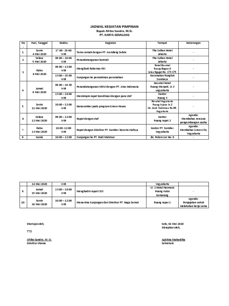 Jadwal Kegiatan Pimpinan - Agis | PDF