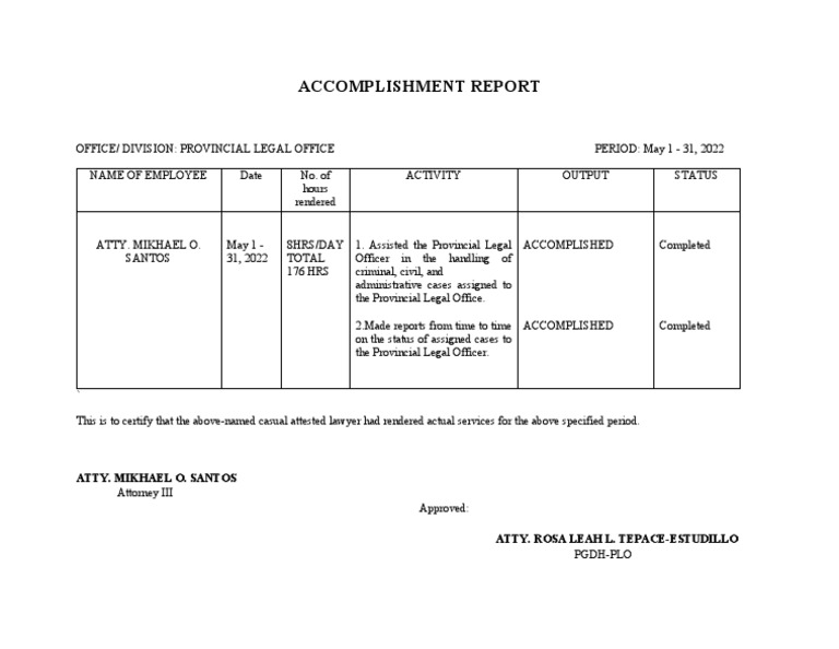 Provincial Legal Office Accomplishment Report | PDF