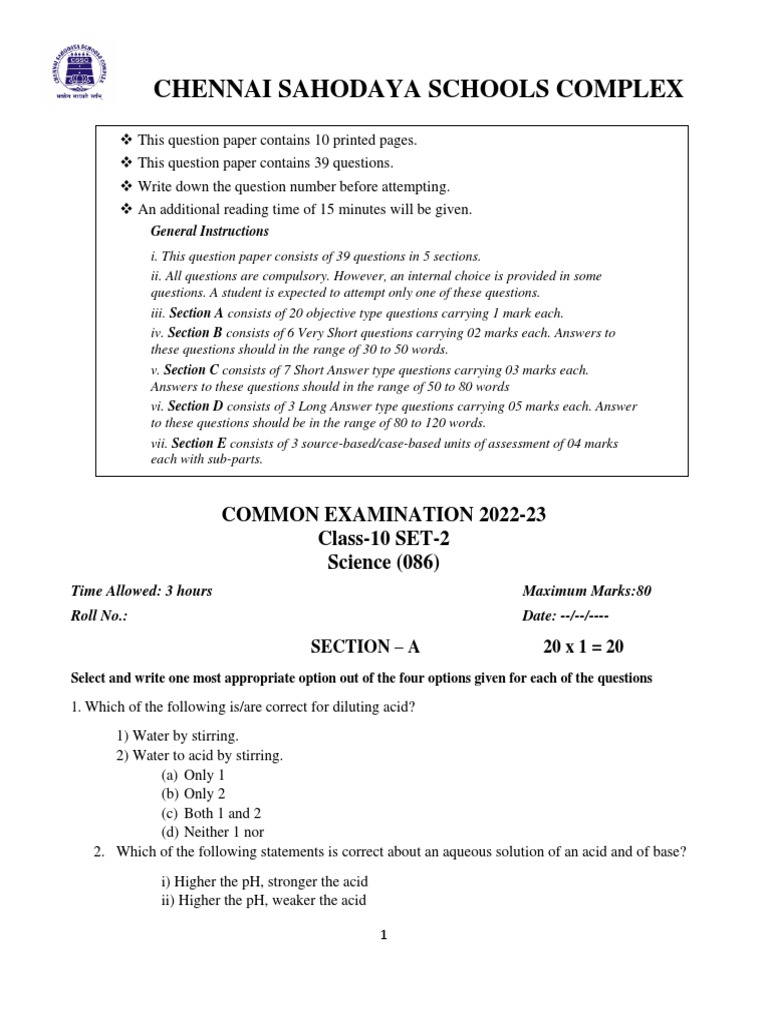 Chennai Sahodaya Science Set 2 QP 2022-23 FOR PRACTICE ONLY | PDF ...