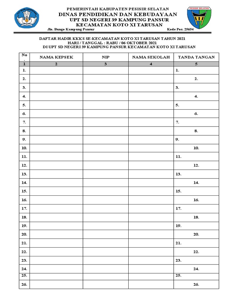 Daftar Hadir KKKS Koto XI Tarusan 2021 | PDF