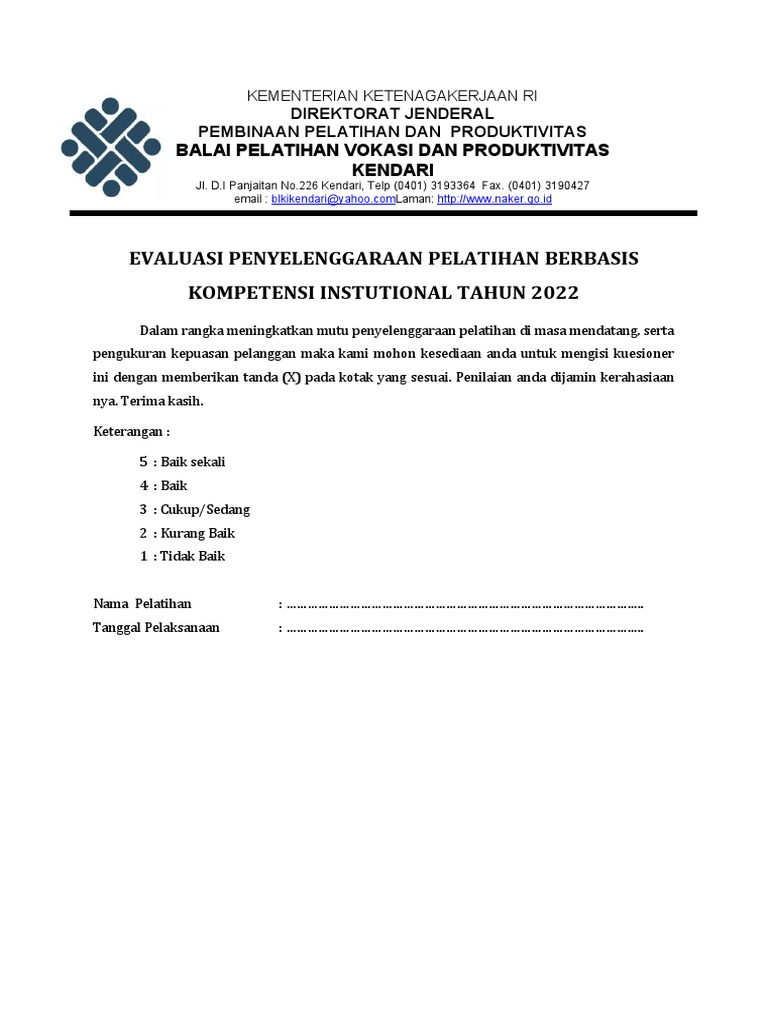 Form Evaluasi Penyelenggaraan PBK Di BLK Kendari 2022 | PDF