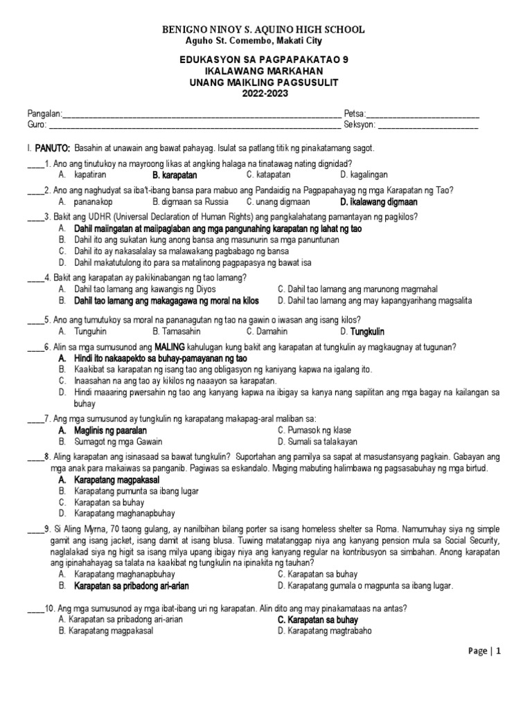 Answerkey Esp-9 2nd Grading | PDF